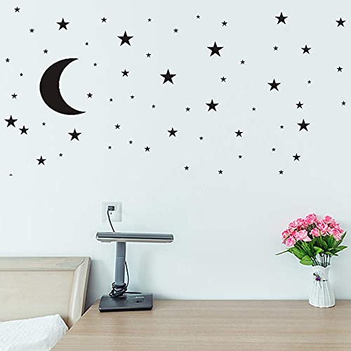 Moon and Stars Wall Decal Vinyl Sticker, Removable Children Kids Art DIY Sticker Mural for Boy Girls Baby Room Decoration Good Night Nursery Wall Decor Home House Bedroom Design (Black)