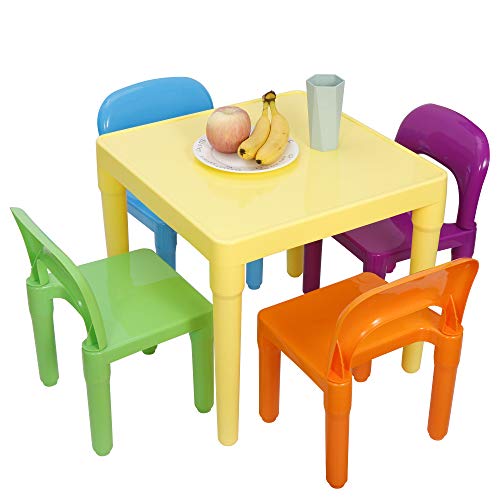 ZENY Kids Plastic Table and 4 Chairs Set, Multicolor Play Room Furniture for Toddlers Reading, Train, Art, Crafts