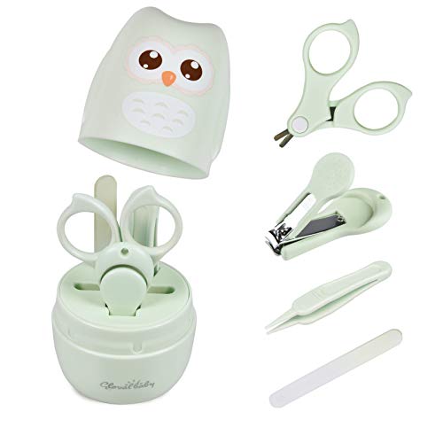 GLOVAL BABY Baby Nail Kit, Baby Manicure Kit and Pedicure kit with Cute Owl Shape Case. Baby Nail Clipper, Scissor, Baby Nail File & Tweezer for Newborn, Infant & Toddler, Mothers Day Gifts(Green)