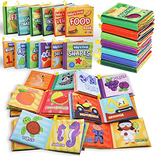 JOYIN 12 Pcs Bath Books, Nontoxic Fabric Soft Crinkly Cloth Books, Waterproof, Bathtub Pool and Early Education First Toys for Infant Newborn Baby Toddlers Kids Birthday Gifts