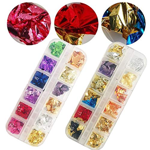 LuckForever 4 Boxes Gold Silver Nail Foil Flakes Mixed Color Aluminum Foil Leaf Paper Supplies Accessories for Art Crafts, Resin, Gilding, Painting, Nail Art DIY