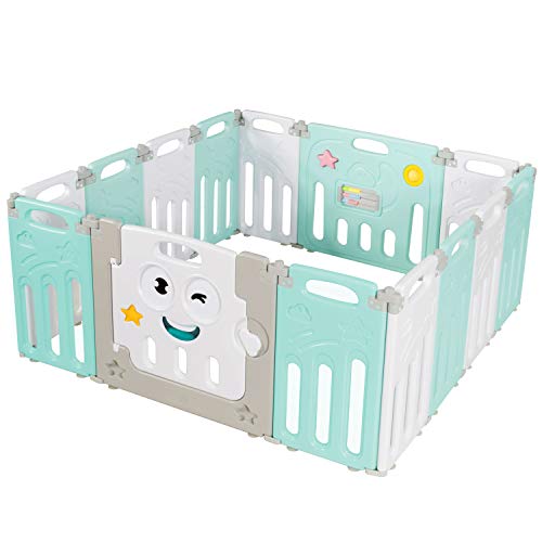 HONEY JOY Baby Play Yards, 14 Panel Foldable Baby Playpen, Anti-Slip Base & Lockable Safety Gate, Indoor Large Baby Fence Play Area for Babies and Toddlers (Green, 14 Panel)