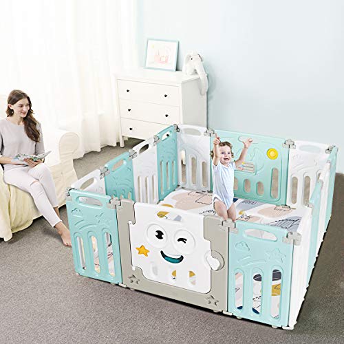 HONEY JOY Baby Play Yards, 14 Panel Foldable Baby Playpen, Anti-Slip Base & Lockable Safety Gate, Indoor Large Baby Fence Play Area for Babies and Toddlers (Green, 14 Panel)