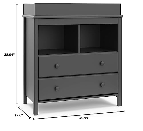 Storkcraft Alpine 2 Drawer Changing Table Chest (Gray) - Attached Changing Table Topper Fits Any Standard-Size Baby Changing Pad, 2 Drawers, 2 Shelves for Extra Nursery Storage, Easy to Assemble