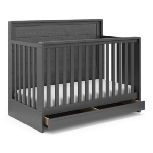 storkcraft luna 5-in-1 convertible crib with drawer (gray) – greenguard gold certified, crib with drawer combo, full-size nursery storage drawer, converts to toddler bed, daybed and full-size bed