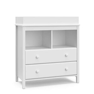 storkcraft alpine 2 drawer changing table chest (white) - attached changing table topper fits any standard-size baby changing pad, 2 drawers, 2 shelves for extra nursery storage, easy to assemble