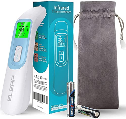 Ear Thermometer for Baby, ELERA Infrared Thermometer with Automatic Switching Mode of Ear & Forehead, 1s Measurement, 4 Color Backlight Display with Fever Indicator