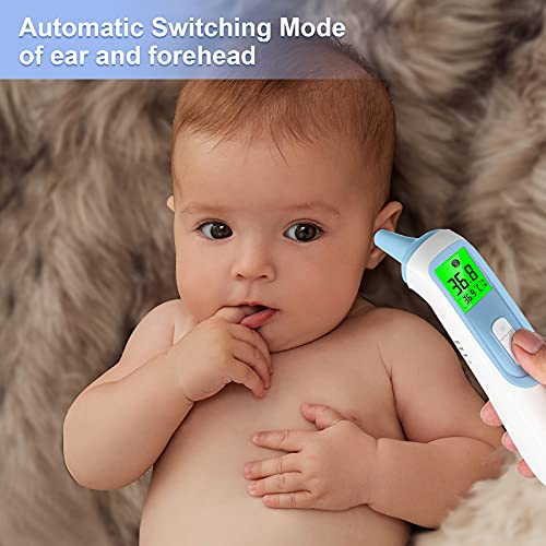 Ear Thermometer for Baby, ELERA Infrared Thermometer with Automatic Switching Mode of Ear & Forehead, 1s Measurement, 4 Color Backlight Display with Fever Indicator