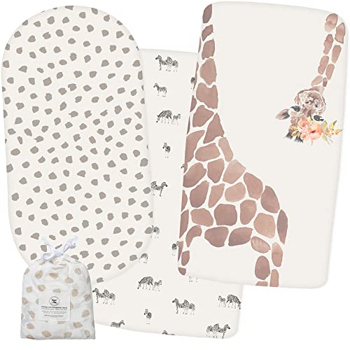 POPPI & MAX: 100% Organic Bassinet Sheets – Premium Jersey Cotton Bassinet Sheet Set | Fitted Baby Sheets for Standard Bassinet Pads | Bassinet Cover | Safari Giraffe