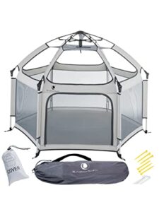 pop 'n go premium indoor and outdoor baby playpen - portable, lightweight, pop up pack and play toddler play yard w/canopy and travel bag - grey