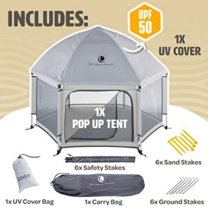 POP 'N GO Premium Indoor and Outdoor Baby Playpen - Portable, Lightweight, Pop Up Pack and Play Toddler Play Yard w/Canopy and Travel Bag - Grey