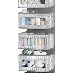 Over the Door Hanging Organizer with 5 Large Pockets - Wall Mount Pantry Storage with Clear PVC Window & 2 Big Metal Hooks for Closet,Bathroom,Nursery,Bedroom,Dorm,Baby Diapers,Kids Toys (Gray)