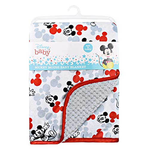 Cudlie Disney Baby Boy Mickey Mouse Double Sided Baby Blanket with Printed Mink Waffle & Satin Edge (30x40)