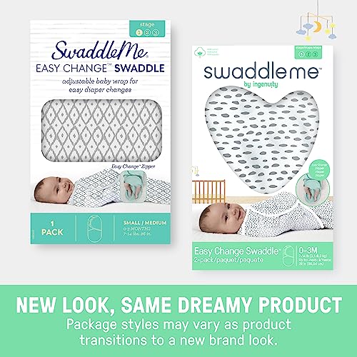 SwaddleMe by Ingenuity Easy Change Swaddle in Size Small/Medium, For Ages 0-3 Months, 7-14 Pounds, Up to 26 Inches Long, 3-Pack Baby Swaddle with Easy Change Zipper