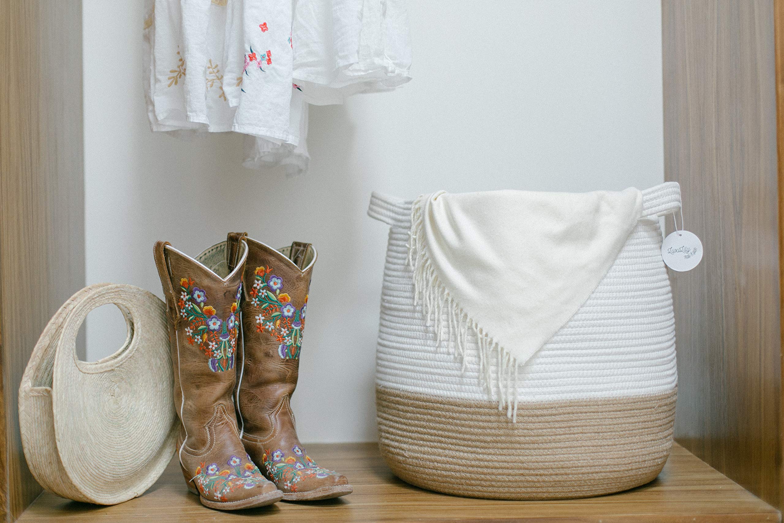 Large Blanket Basket for Living Room - Decorative Woven Baskets for Storage, Cotton Rope Baskets for Storage 16”x18”, Round Basket, Tall Laundry Hamper Basket, LuxiLily Baskets