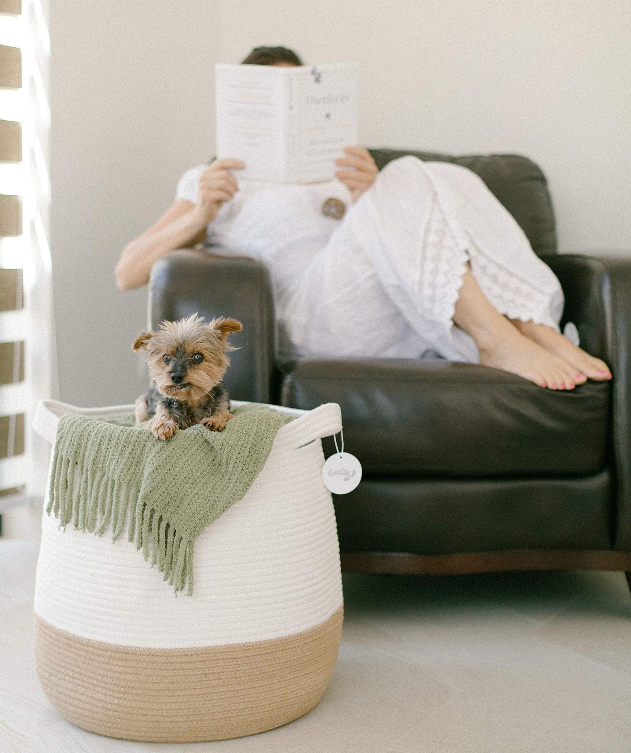 Large Blanket Basket for Living Room - Decorative Woven Baskets for Storage, Cotton Rope Baskets for Storage 16”x18”, Round Basket, Tall Laundry Hamper Basket, LuxiLily Baskets