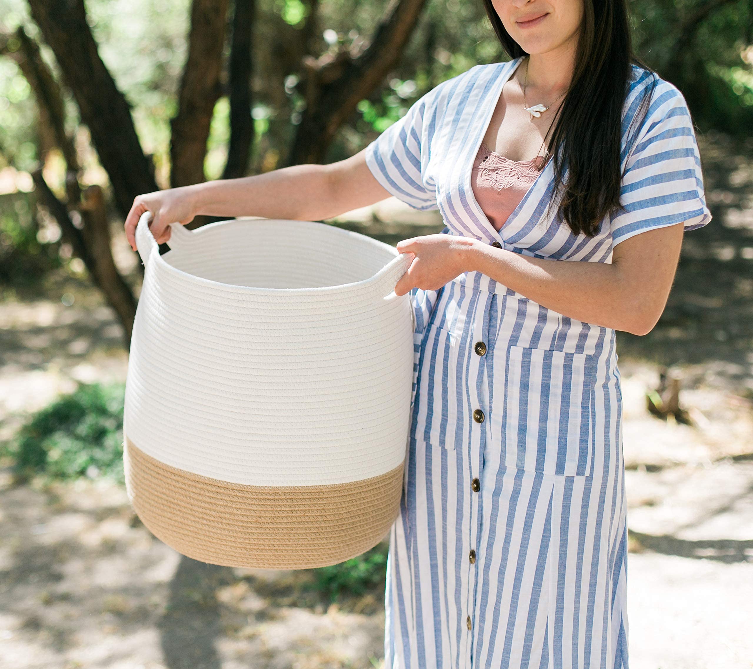 Large Blanket Basket for Living Room - Decorative Woven Baskets for Storage, Cotton Rope Baskets for Storage 16”x18”, Round Basket, Tall Laundry Hamper Basket, LuxiLily Baskets