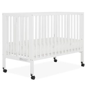 dream on me quinn full-size folding crib in white, removeable wheels, modern nursey, adjustable mattress support, portable crib, patented folding system