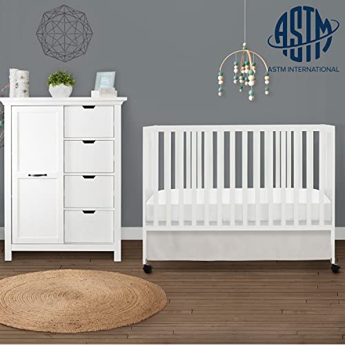 Dream On Me Quinn Full-Size Folding Crib In White, Removeable Wheels, Modern Nursey, Adjustable Mattress Support, Portable Crib, Patented Folding System