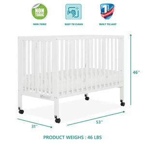 Dream On Me Quinn Full-Size Folding Crib In White, Removeable Wheels, Modern Nursey, Adjustable Mattress Support, Portable Crib, Patented Folding System