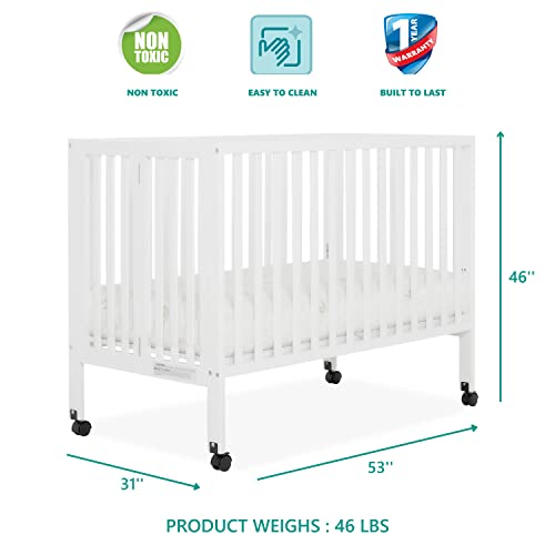 Dream On Me Quinn Full-Size Folding Crib In White, Removeable Wheels, Modern Nursey, Adjustable Mattress Support, Portable Crib, Patented Folding System