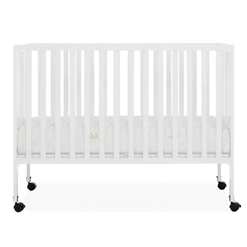 Dream On Me Quinn Full-Size Folding Crib In White, Removeable Wheels, Modern Nursey, Adjustable Mattress Support, Portable Crib, Patented Folding System