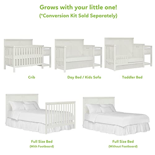 SweetPea Baby Meadowland 5-in-1 Convertible Crib & Changer I Attached Changer I Removable Changing Pad I Space-Saving Storage I Farmhouse Design, Weathered White