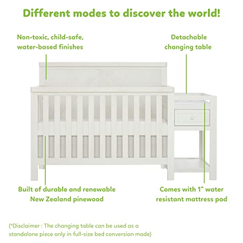 SweetPea Baby Meadowland 5-in-1 Convertible Crib & Changer I Attached Changer I Removable Changing Pad I Space-Saving Storage I Farmhouse Design, Weathered White