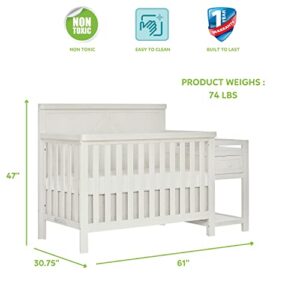 SweetPea Baby Meadowland 5-in-1 Convertible Crib & Changer I Attached Changer I Removable Changing Pad I Space-Saving Storage I Farmhouse Design, Weathered White