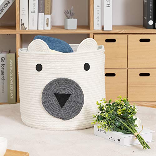 VK Living Cotton Rope Bear Animal Basket Foldable Large Woven Storage Basket Baby Nursery Cute Laundry Hamper for Toys,Blanket, Towels Clothes in Bedroom Living Room White