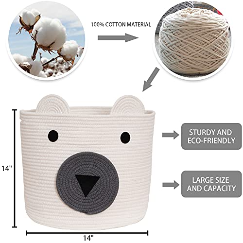 VK Living Cotton Rope Bear Animal Basket Foldable Large Woven Storage Basket Baby Nursery Cute Laundry Hamper for Toys,Blanket, Towels Clothes in Bedroom Living Room White