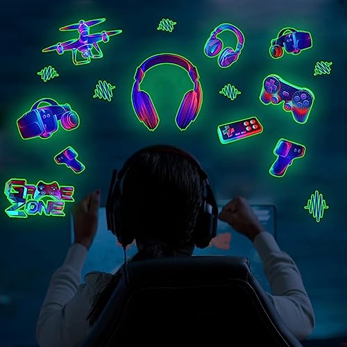 3D Glow in The Dark Game Wall Decal Gamer Boy Wall Stickers Video Game Controller Wall Decor for Boys Room Kids Bedroom Home Playroom Decoration