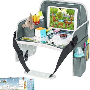 MENZOKE Kids Travel Tray, Toddler Car Seat Tray with Dry Erase Board, Collapsible Lap Car Seat Travel Table Desk w/iPad Holder, Storage Pocket, Kids Tray for Road Trip, Car Stroller, Airplane, Grey