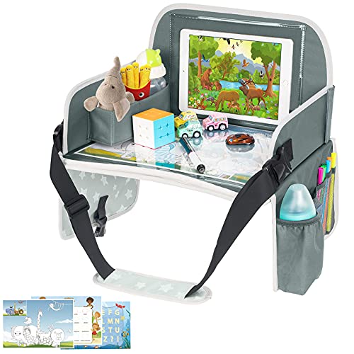 MENZOKE Kids Travel Tray, Toddler Car Seat Tray with Dry Erase Board, Collapsible Lap Car Seat Travel Table Desk w/iPad Holder, Storage Pocket, Kids Tray for Road Trip, Car Stroller, Airplane, Grey