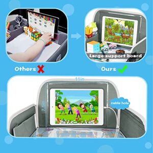 MENZOKE Kids Travel Tray, Toddler Car Seat Tray with Dry Erase Board, Collapsible Lap Car Seat Travel Table Desk w/iPad Holder, Storage Pocket, Kids Tray for Road Trip, Car Stroller, Airplane, Grey