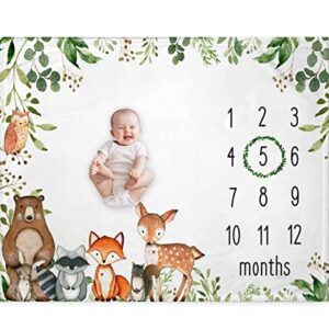 RICEFINE Woodland Baby Monthly Milestone Blanket, Woodland Animals Baby Growth Chart Monthly Blanket, Watch Me Grow Baby Woodland Forest Nursery for New Moms Baby Shower (50"x40")