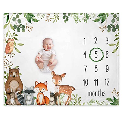 RICEFINE Woodland Baby Monthly Milestone Blanket, Woodland Animals Baby Growth Chart Monthly Blanket, Watch Me Grow Baby Woodland Forest Nursery for New Moms Baby Shower (50"x40")