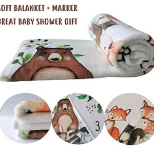 RICEFINE Woodland Baby Monthly Milestone Blanket, Woodland Animals Baby Growth Chart Monthly Blanket, Watch Me Grow Baby Woodland Forest Nursery for New Moms Baby Shower (50"x40")