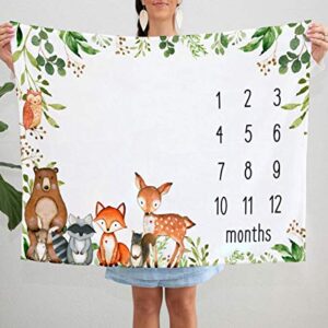 RICEFINE Woodland Baby Monthly Milestone Blanket, Woodland Animals Baby Growth Chart Monthly Blanket, Watch Me Grow Baby Woodland Forest Nursery for New Moms Baby Shower (50"x40")