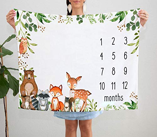 RICEFINE Woodland Baby Monthly Milestone Blanket, Woodland Animals Baby Growth Chart Monthly Blanket, Watch Me Grow Baby Woodland Forest Nursery for New Moms Baby Shower (50"x40")