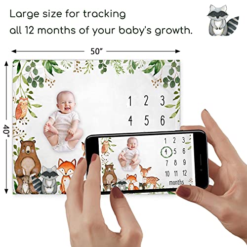 RICEFINE Woodland Baby Monthly Milestone Blanket, Woodland Animals Baby Growth Chart Monthly Blanket, Watch Me Grow Baby Woodland Forest Nursery for New Moms Baby Shower (50"x40")