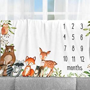 RICEFINE Woodland Baby Monthly Milestone Blanket, Woodland Animals Baby Growth Chart Monthly Blanket, Watch Me Grow Baby Woodland Forest Nursery for New Moms Baby Shower (50"x40")