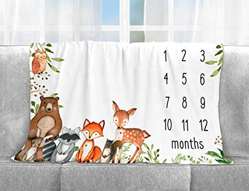 RICEFINE Woodland Baby Monthly Milestone Blanket, Woodland Animals Baby Growth Chart Monthly Blanket, Watch Me Grow Baby Woodland Forest Nursery for New Moms Baby Shower (50"x40")