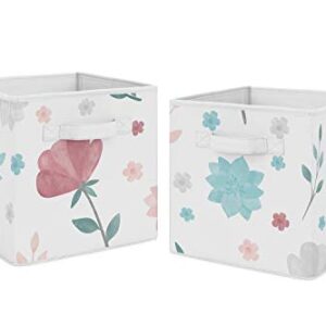 Sweet Jojo Designs Floral Rose Flowers Foldable Fabric Storage Cube Bins Boxes Organizer Toys Kid Baby Childrens - Set of 2 - Blush Pink Teal Turquoise Aqua Blue Grey Pop Flower Boho Shabby Chic Roses