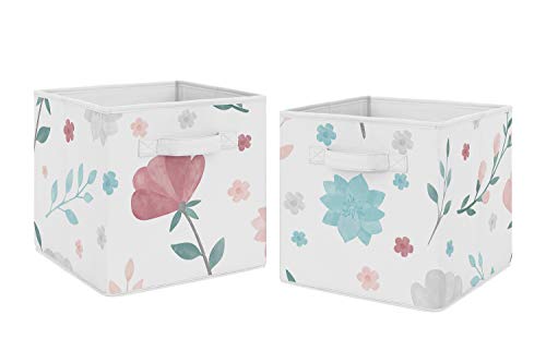 Sweet Jojo Designs Floral Rose Flowers Foldable Fabric Storage Cube Bins Boxes Organizer Toys Kid Baby Childrens - Set of 2 - Blush Pink Teal Turquoise Aqua Blue Grey Pop Flower Boho Shabby Chic Roses