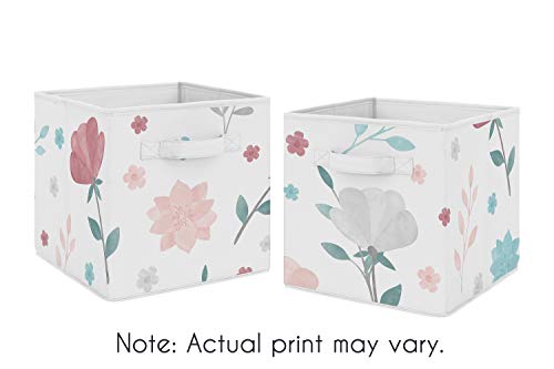 Sweet Jojo Designs Floral Rose Flowers Foldable Fabric Storage Cube Bins Boxes Organizer Toys Kid Baby Childrens - Set of 2 - Blush Pink Teal Turquoise Aqua Blue Grey Pop Flower Boho Shabby Chic Roses