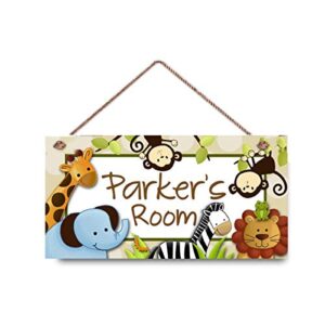 jungle safari animals elephant monkeys lion giraffe babies bedroom nursery kids personalized name's door sign wall art