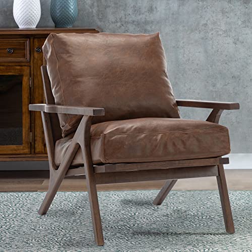 ZHENGHAO Brown PU Leather Accent Chair, Mid Century Retro Armchair Reading Chair for Small Space, Wood Frame Comfy Arm Chair for Living Room Bedroom Fireplace (Brown)