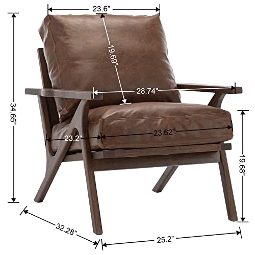 ZHENGHAO Brown PU Leather Accent Chair, Mid Century Retro Armchair Reading Chair for Small Space, Wood Frame Comfy Arm Chair for Living Room Bedroom Fireplace (Brown)