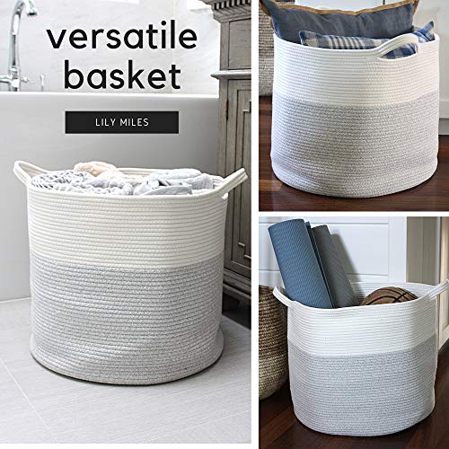 Lily Miles Woven Storage Basket for Blankets - Rope Laundry Basket - Cotton Rope Blanket Basket Living Room - Decorative Round Basket for Kids Toys, Pillows, Towels - Tall Extra Large XXL 18”D x 16”H